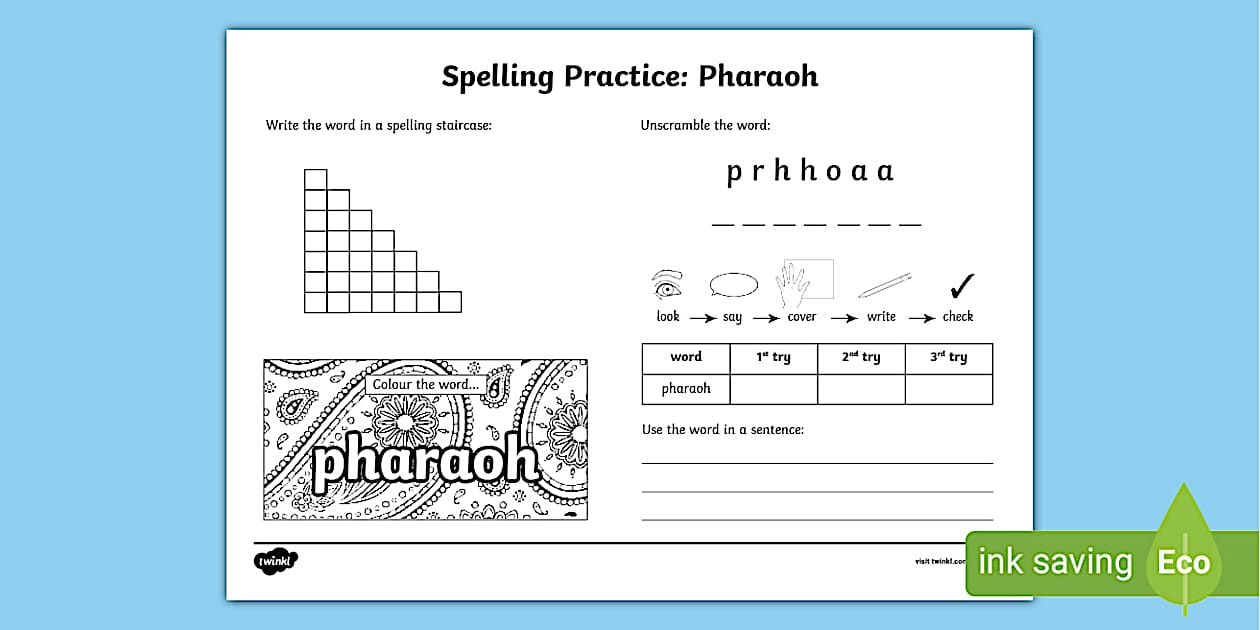Pharaoh Spelling Practice Worksheet (Teacher-Made) - Twinkl