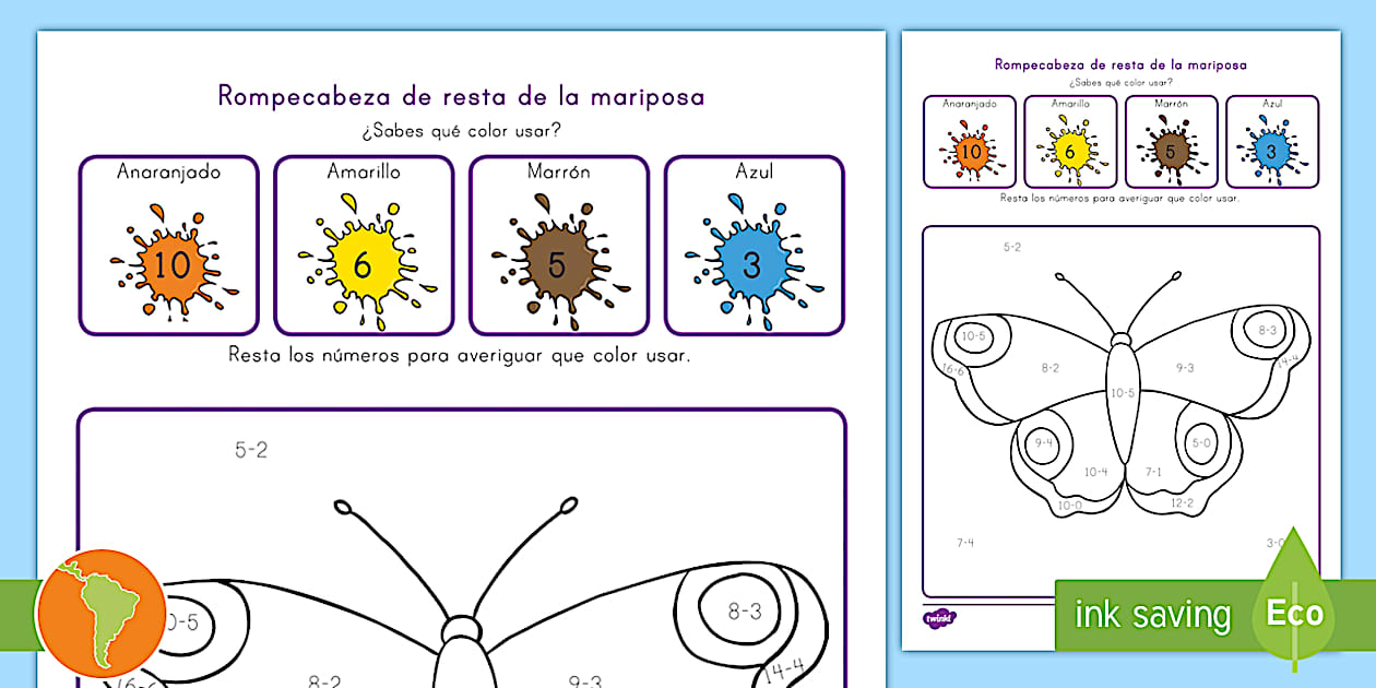 Colorear con números: Restas con la mariposa - Twinkl