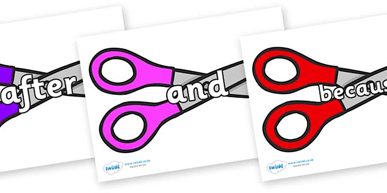 Connectives on Scissors (teacher made) - Twinkl