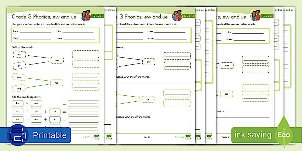 Grade 3 Phonics: ew ue: Differentiated Worksheets - Twinkl