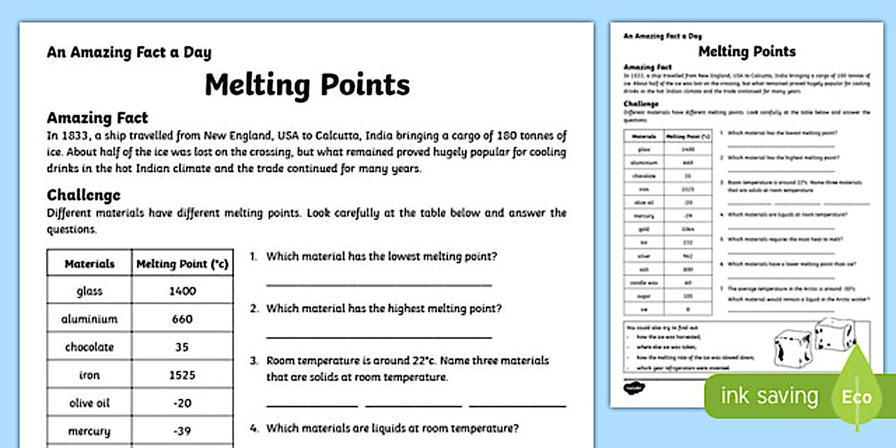 Melting Points Worksheet / Worksheet, worksheet - Twinkl