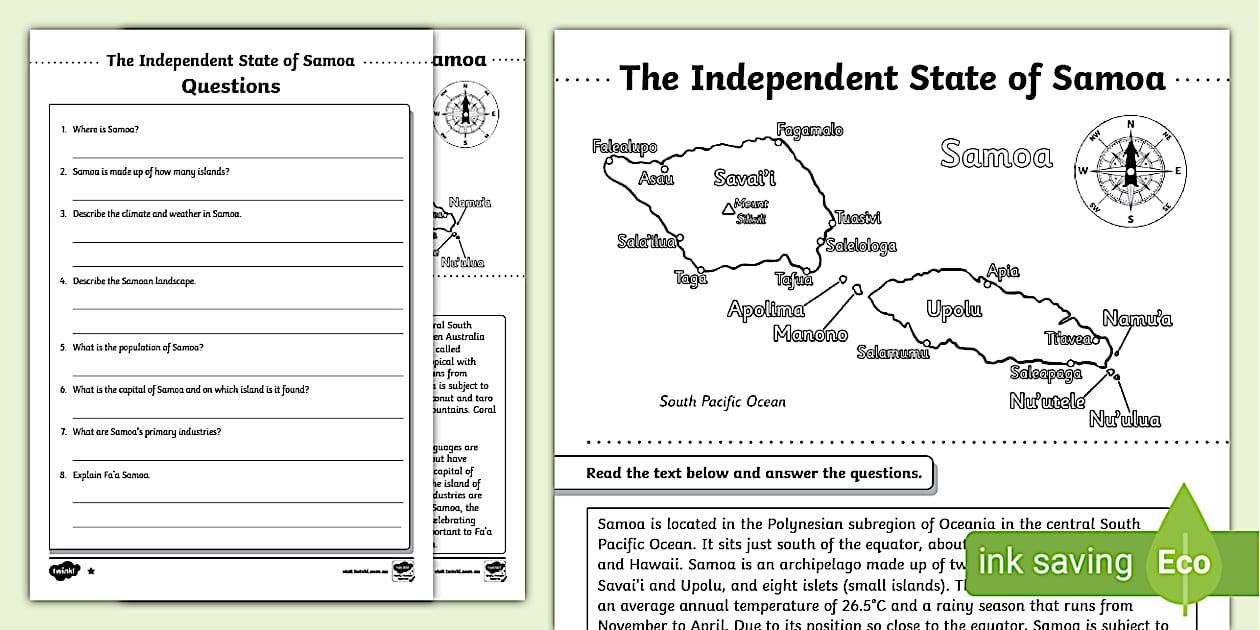 Samoa Differentiated Comprehension Worksheet - Twinkl