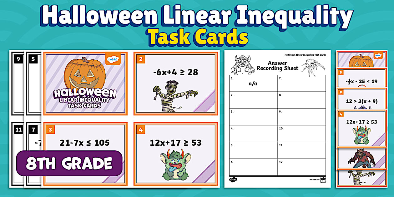 Eighth Grade Halloween Linear Inequality Task Cards - Twinkl