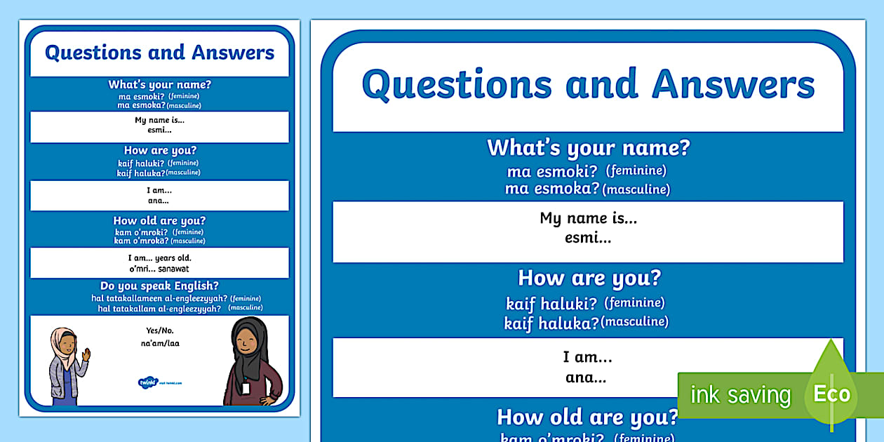 Questions and Answers Display Poster Phonetic English/Arabic