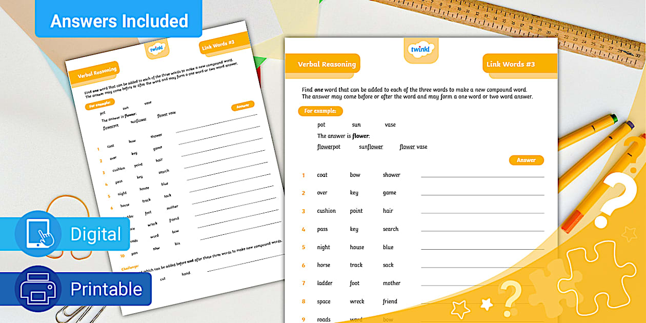 Verbal Reasoning - Link Words Puzzle #3 - Twinkl - Puzzles