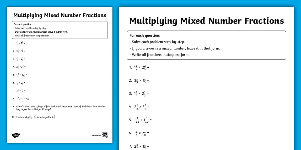 Seventh Grade Multiplying Mixed Number Fractions Worksheet