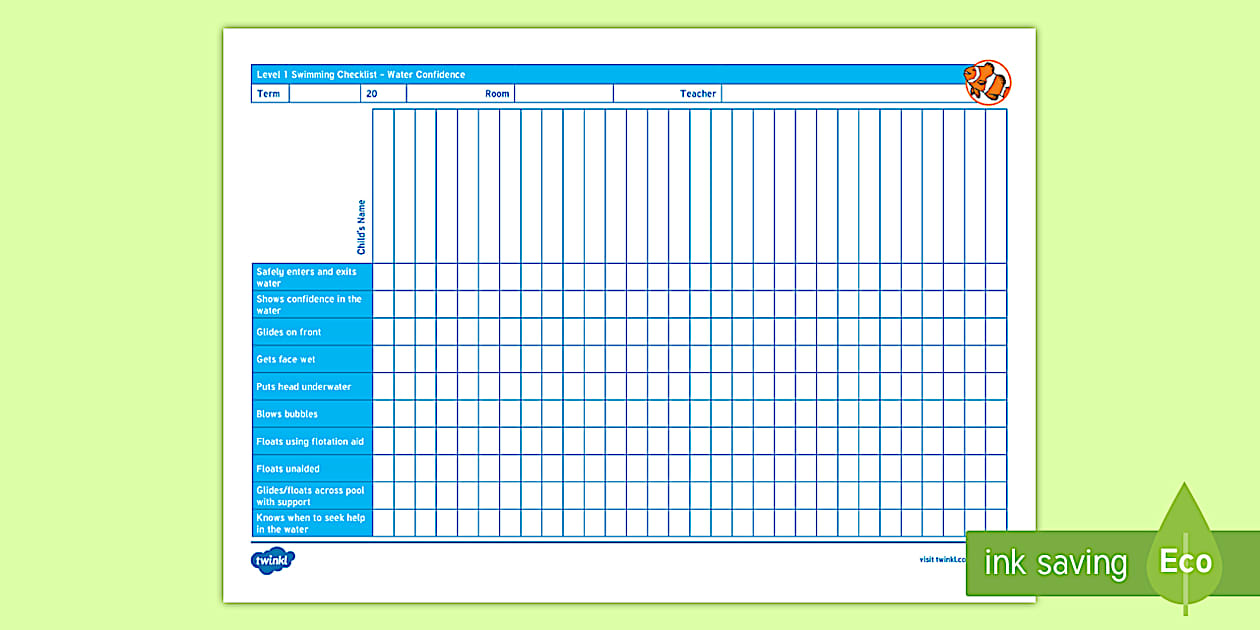 Editable New Zealand Level 1 Swimming Assessment Checklist