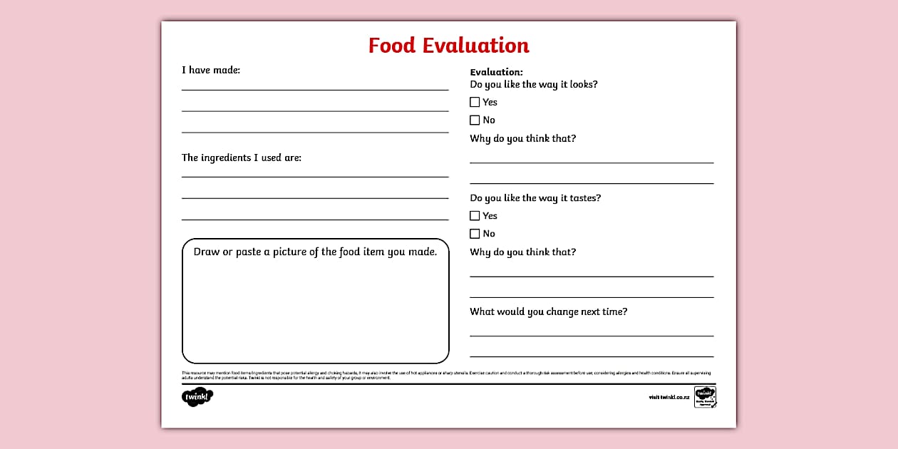 Level 1 Technology: Food Technology Evaluation Worksheet