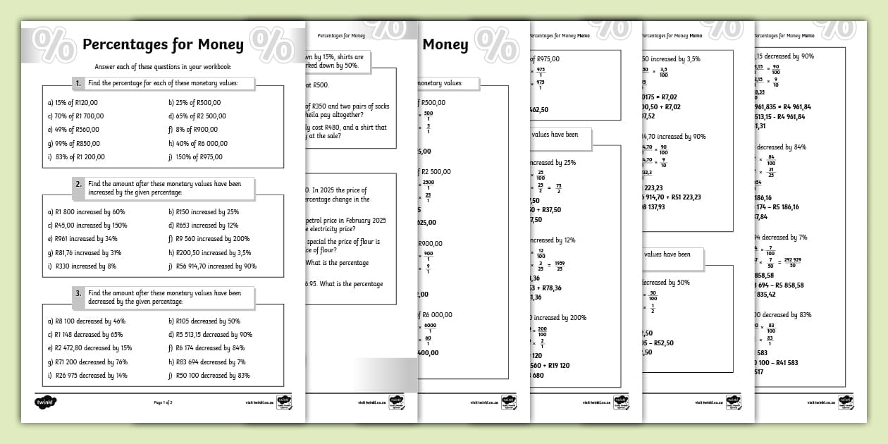 Percentages for Money Activity Sheet (teacher made) - Twinkl