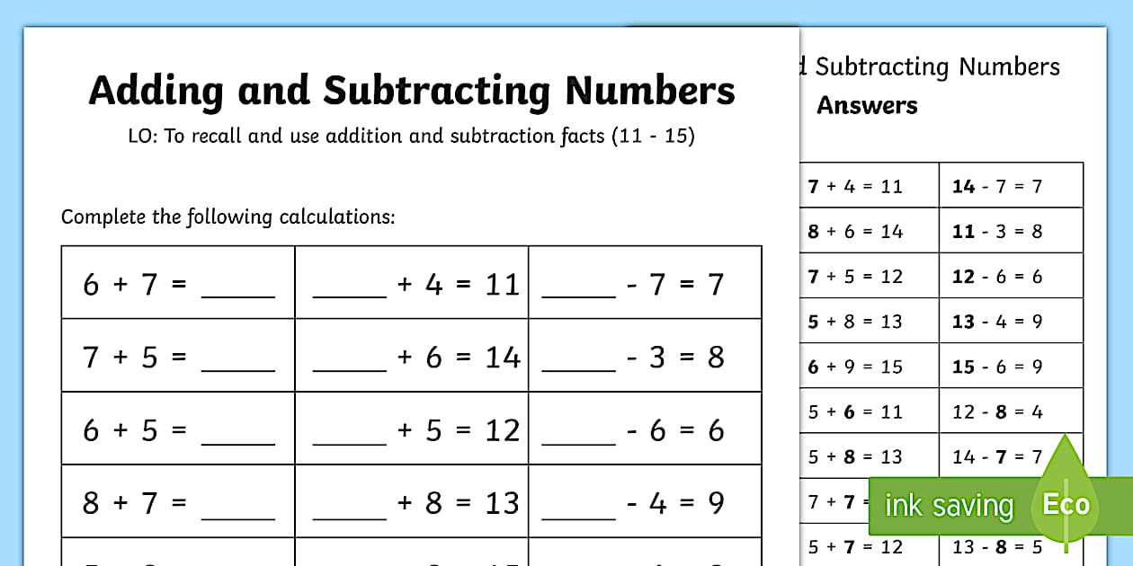 Number Facts Worksheet 11-15 One Digit (teacher made)