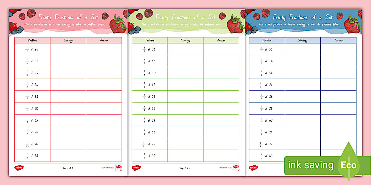 Fruity Fractions of a Set Worksheets | Mult Div - Twinkl