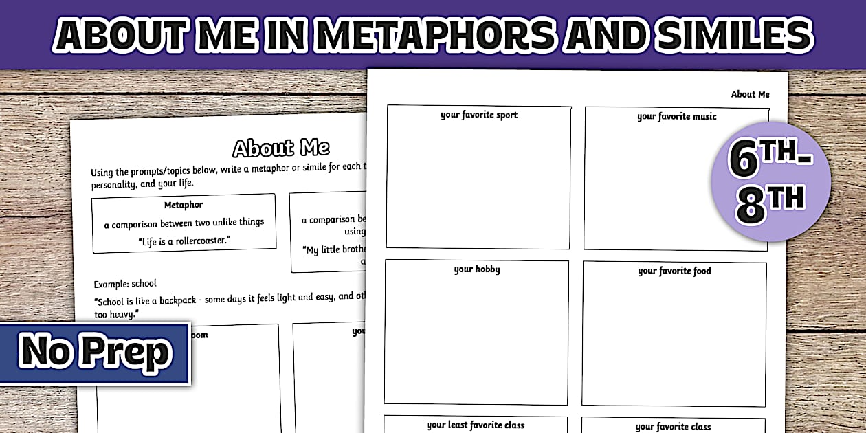About Me in Metaphors and Similes Worksheet for 6th-8th Grade