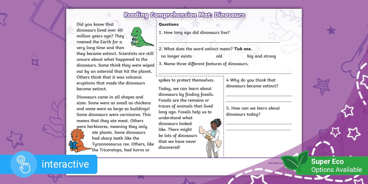 Reading Comprehension Mat: Dinosaurs (Ages 5 - 6) - Twinkl