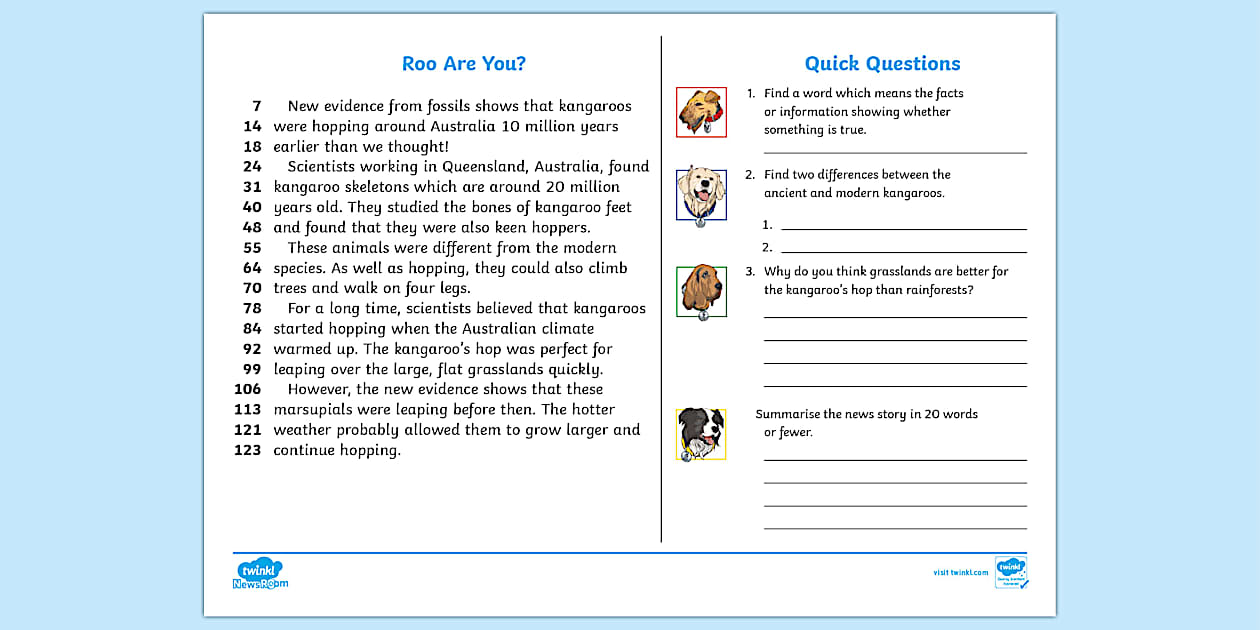 UKS2 Kangaroo Evolution Daily News 60-Second Read Activity Cards