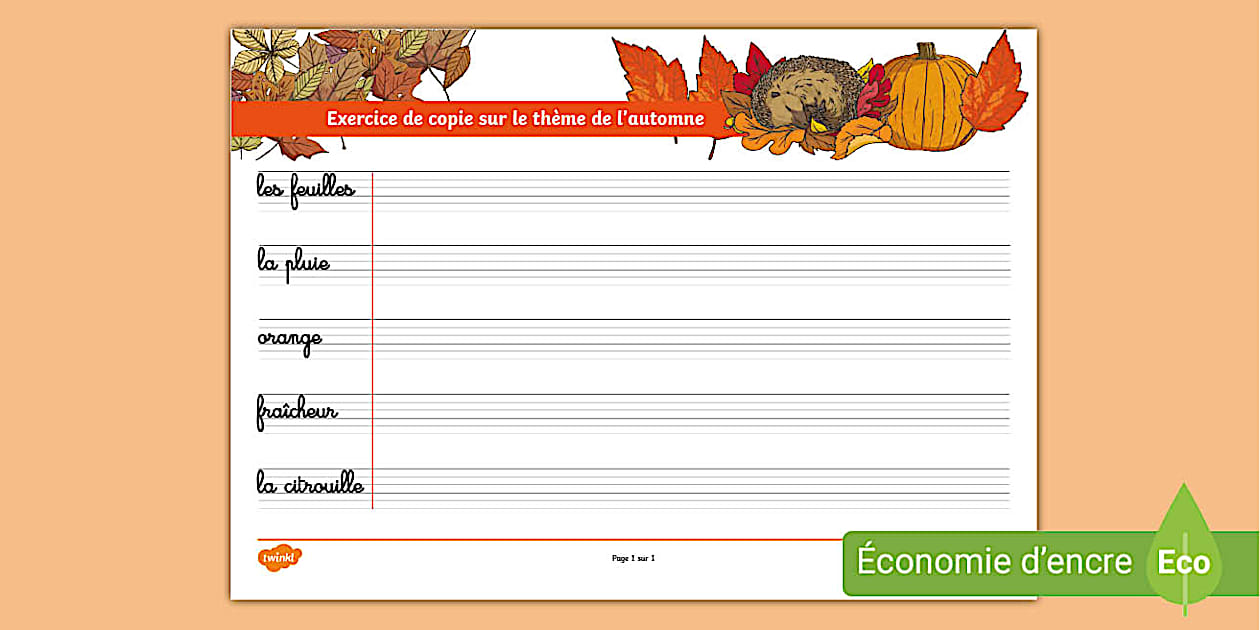 Exercice d'écriture cursive sur le thème de l'automne