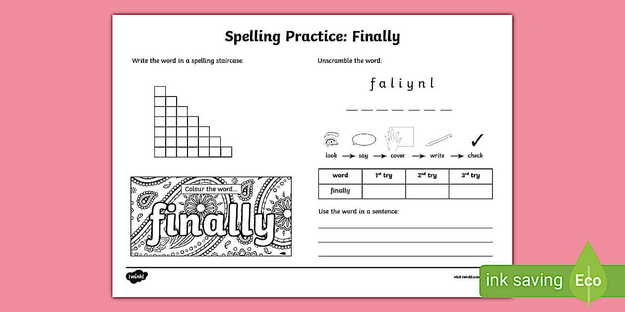 Finally Spelling Practice Worksheet (Teacher-Made) - Twinkl