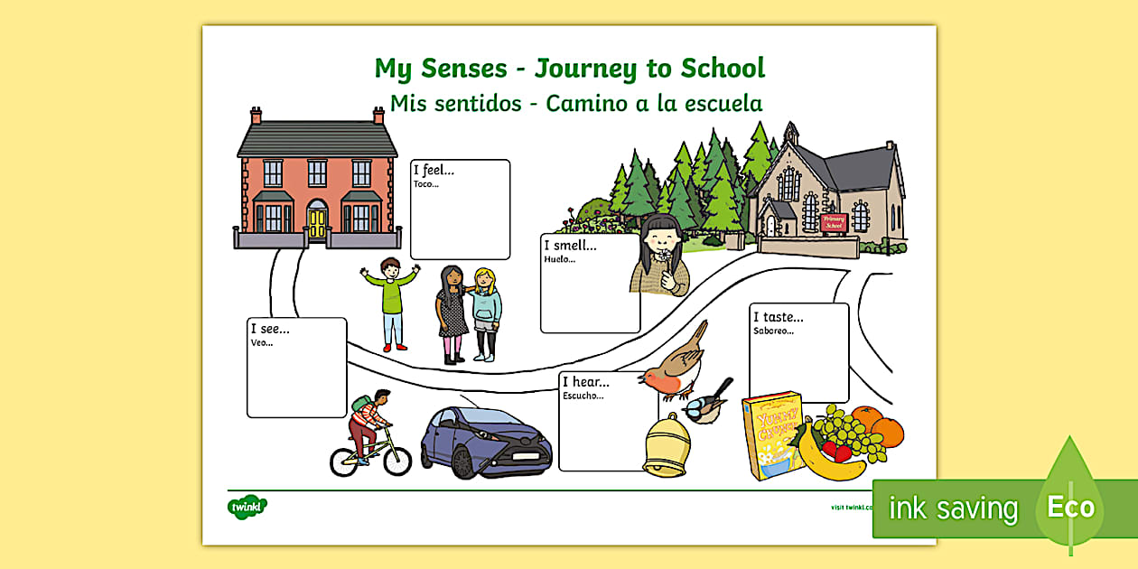 My Senses - Journey to School Map English/Spanish - Twinkl