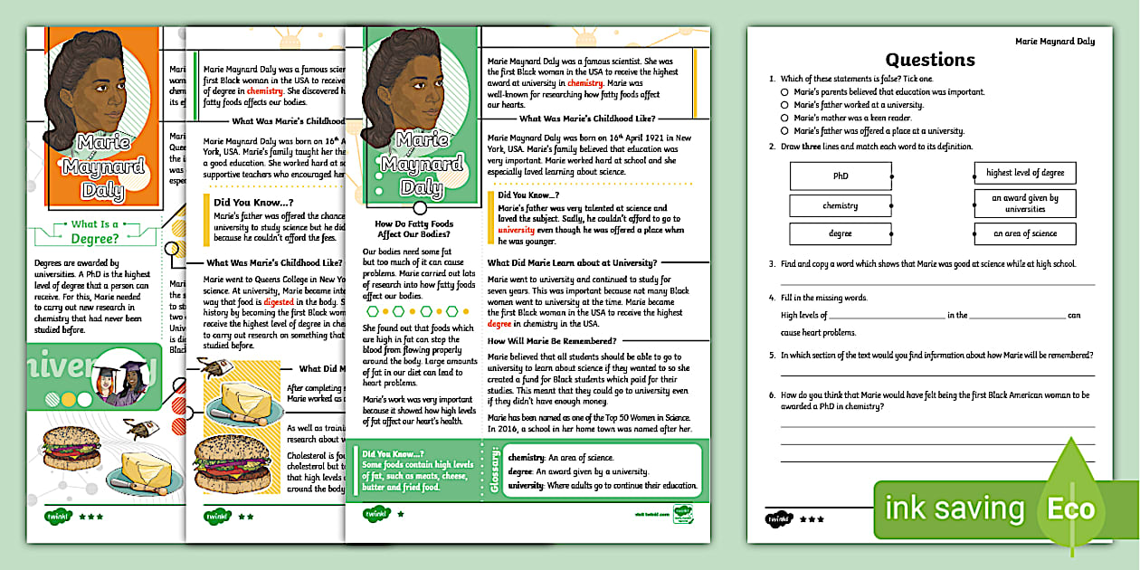 LKS2 Marie Maynard Daly Differentiated Reading Comprehension Activity
