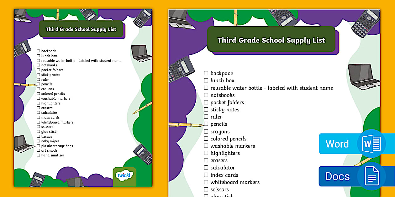 Third Grade Editable School Supply List (teacher made)