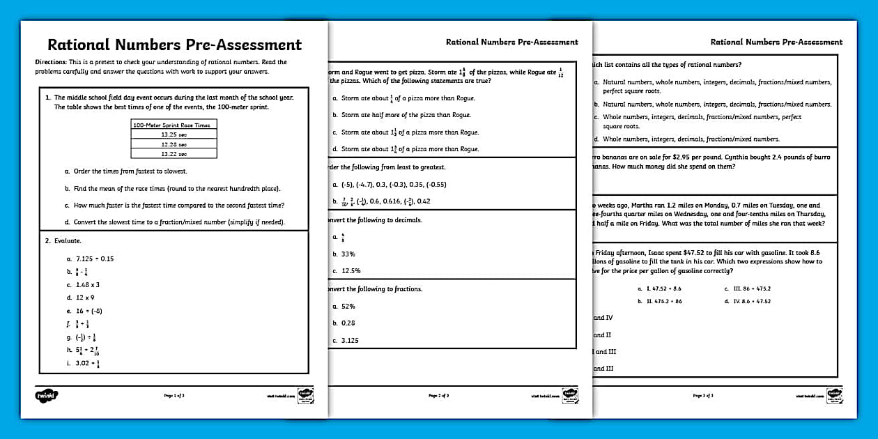 Seventh Grade Rational Numbers Pre-Assessment (teacher made)