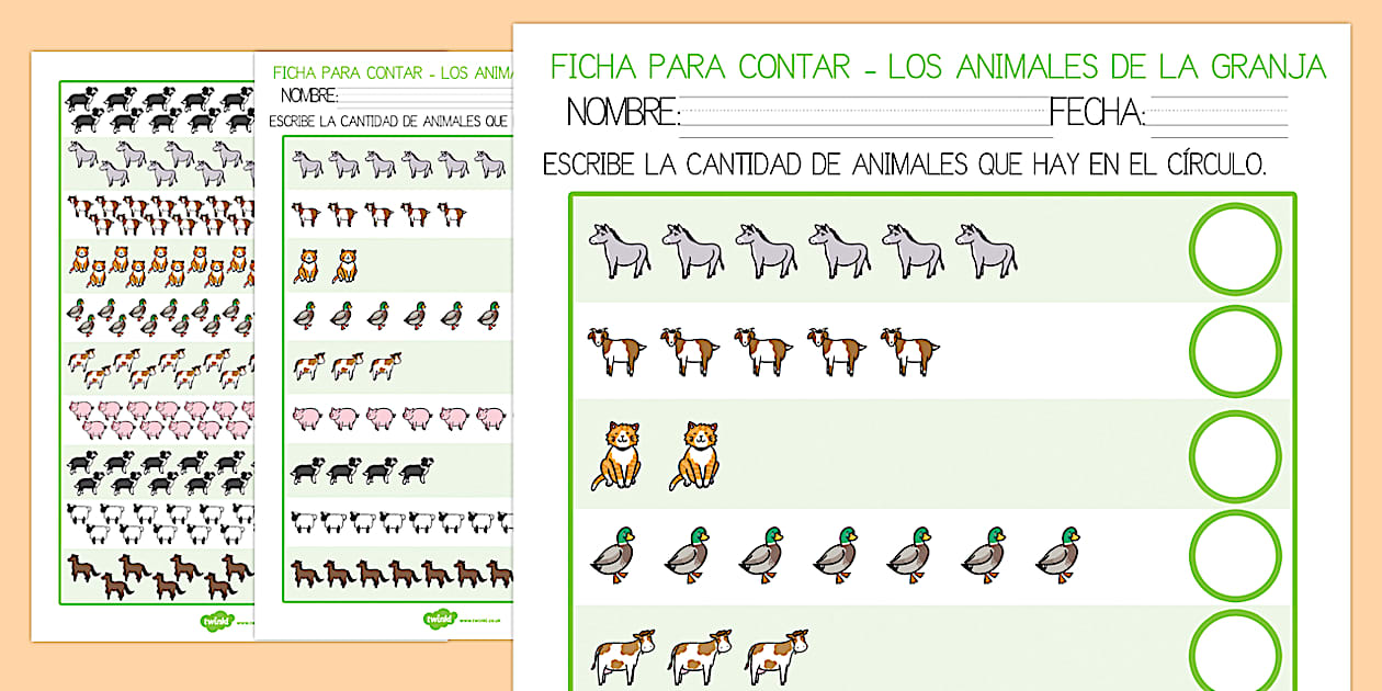 Los animales de la granja Ficha para contar-Spanish - Twinkl