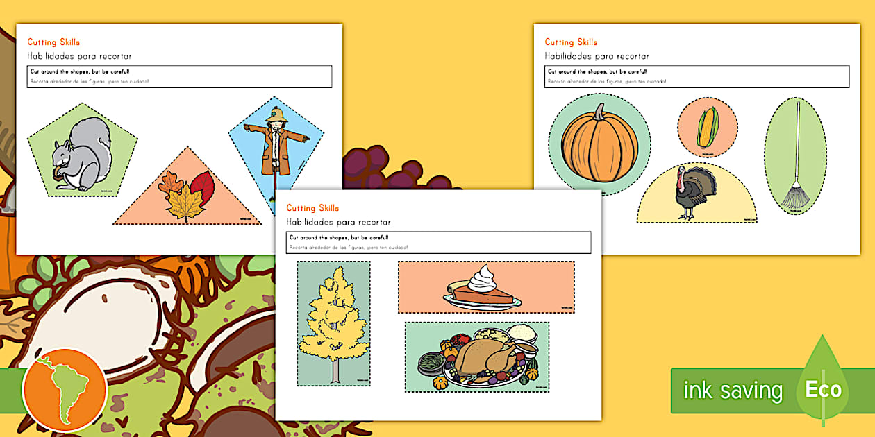Black and White Fall Cutting Skills Worksheet English/Spanish - Guía de