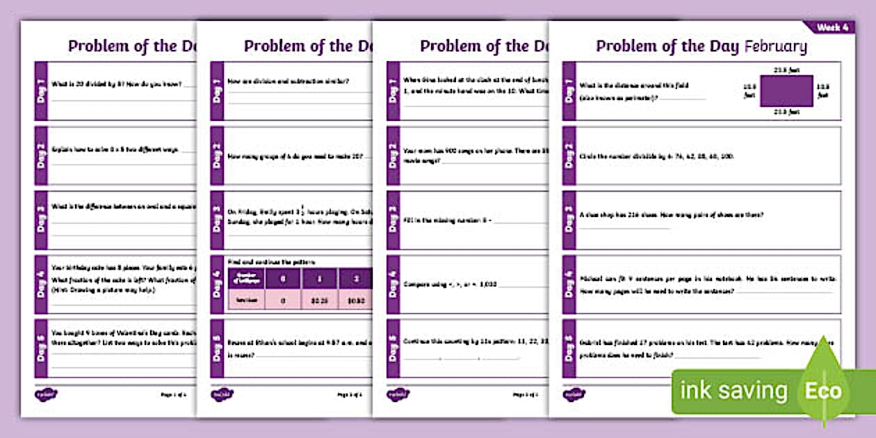 Third Grade Math Problem of the Day - February Worksheet