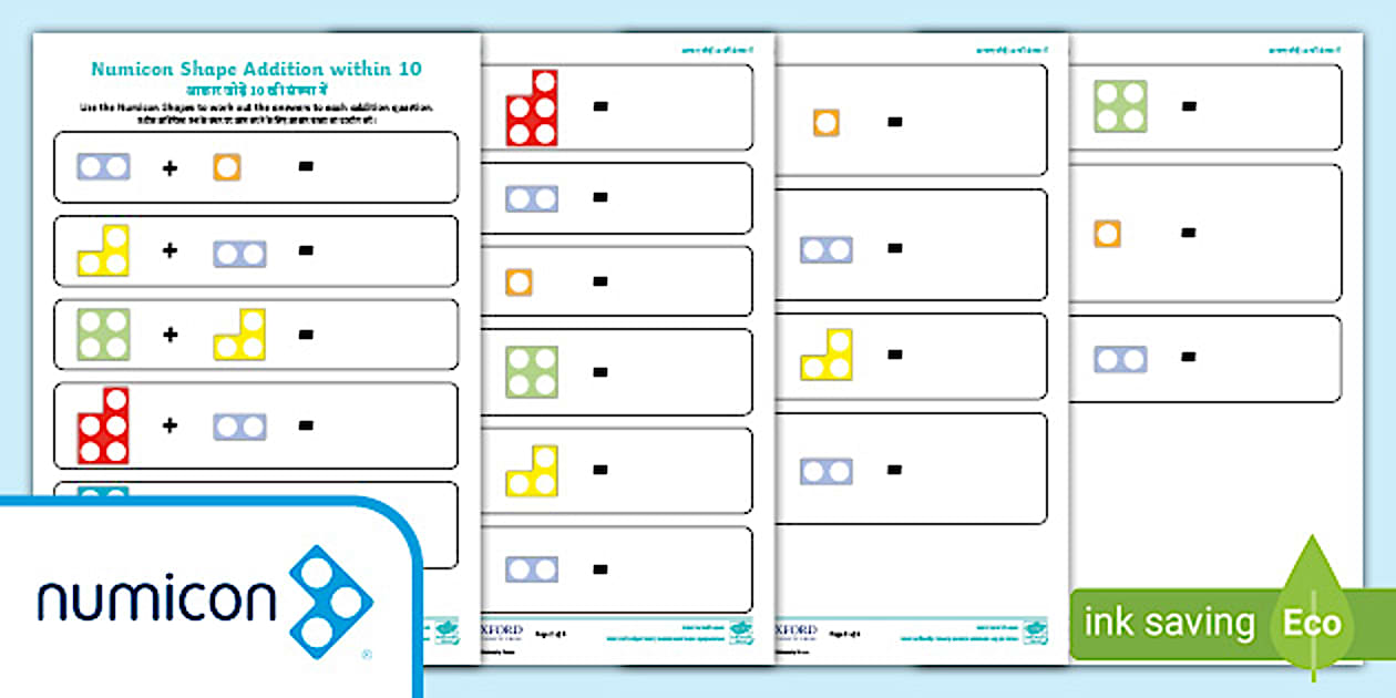 Numicon Shapes Addition to 10 Worksheets - English / Hindi