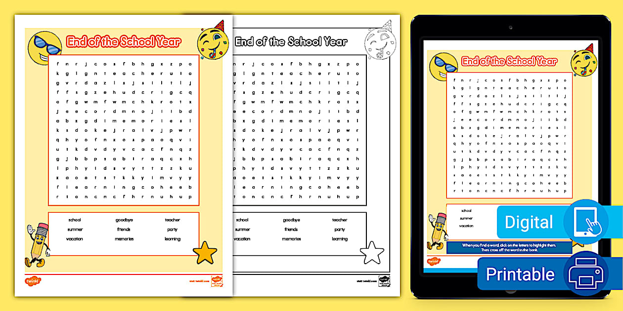 End of School Year Word Search for K-2nd Grade
