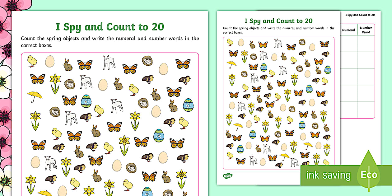 Spring-Themed I Spy and Count to 20 Worksheet (teacher made)