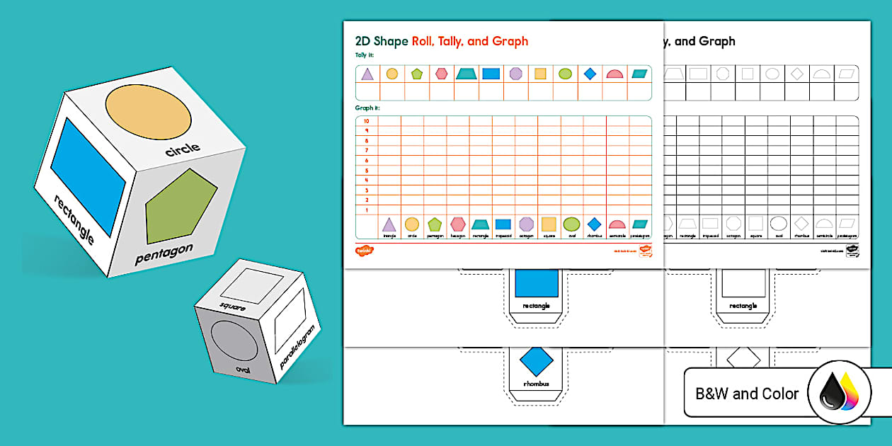 First Grade 2D Shape Roll, Tally, and Graph Center Worksheet