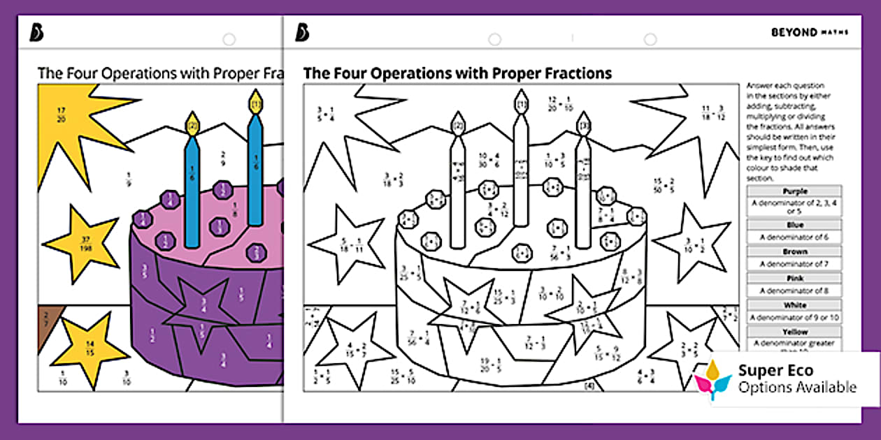 👉 Four Operations with Proper Fractions Worksheet | Beyond