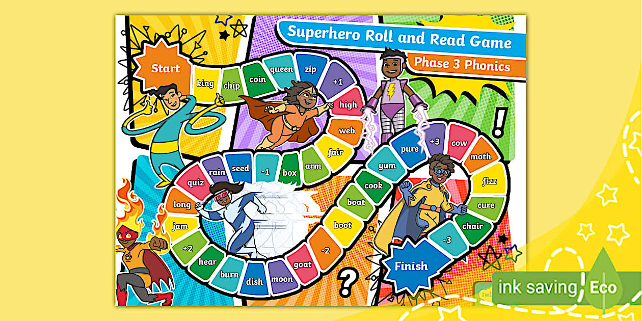 Superhero Roll and Read: Phase 3 Phonics Game (teacher made)