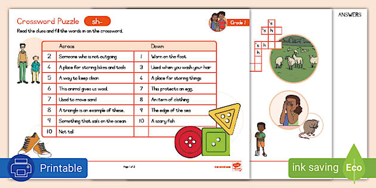 Grade 1 Phonics Crossword Puzzle sh- (teacher made) - Twinkl
