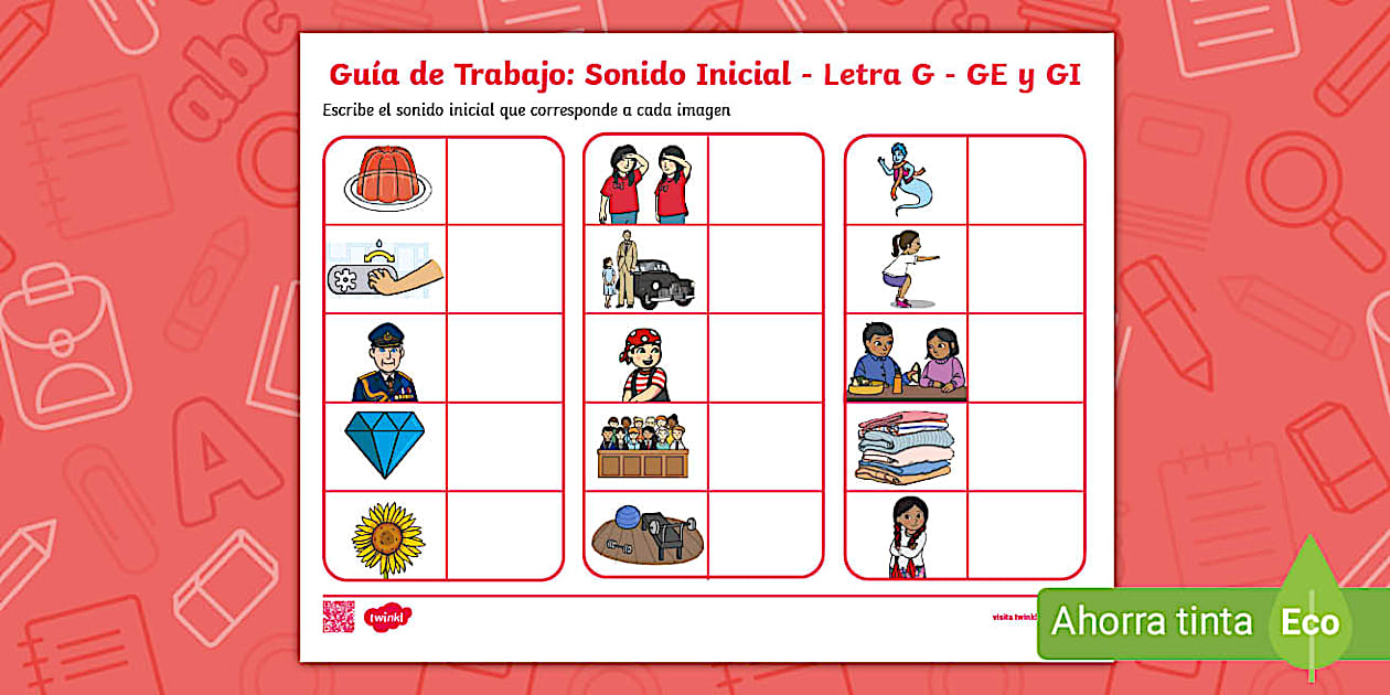 Guía de Trabajo: Sonido Inicial - Letra G - Twinkl