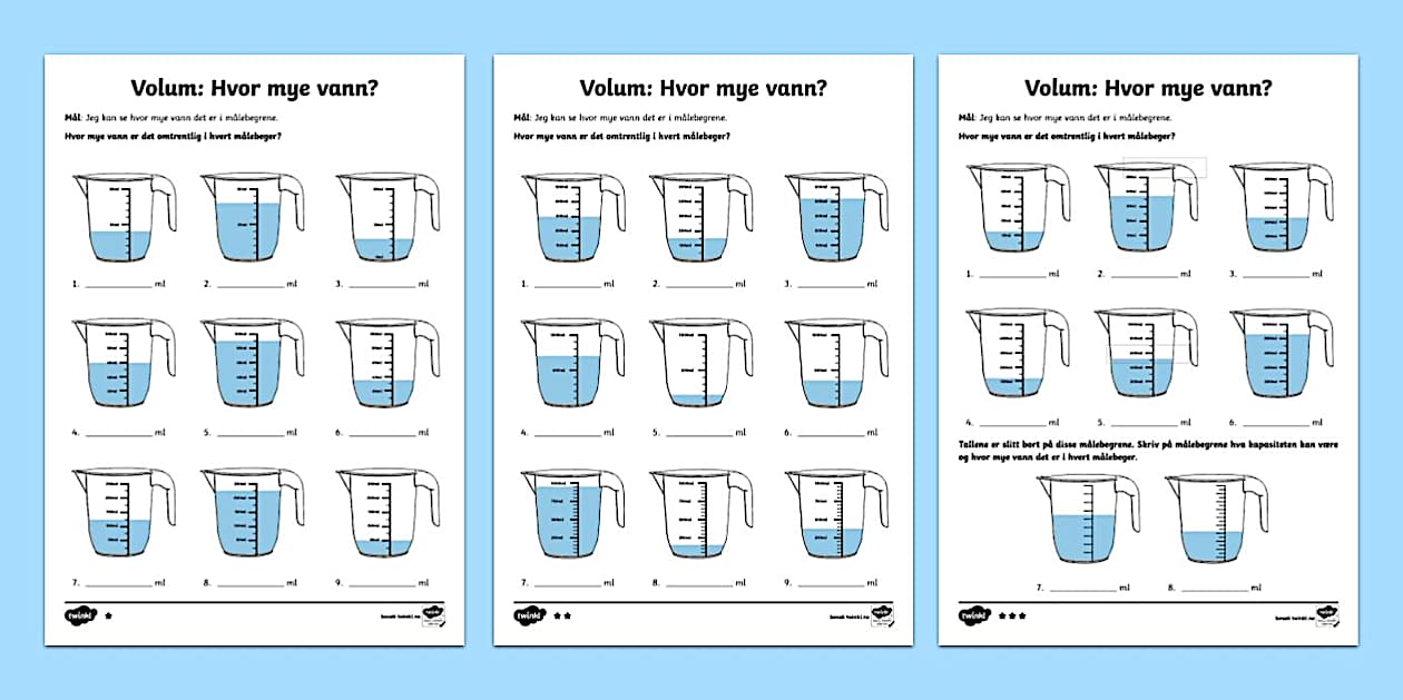 Volum av vann i målebeger dl og ml | Ulike vanskelighetsgrader