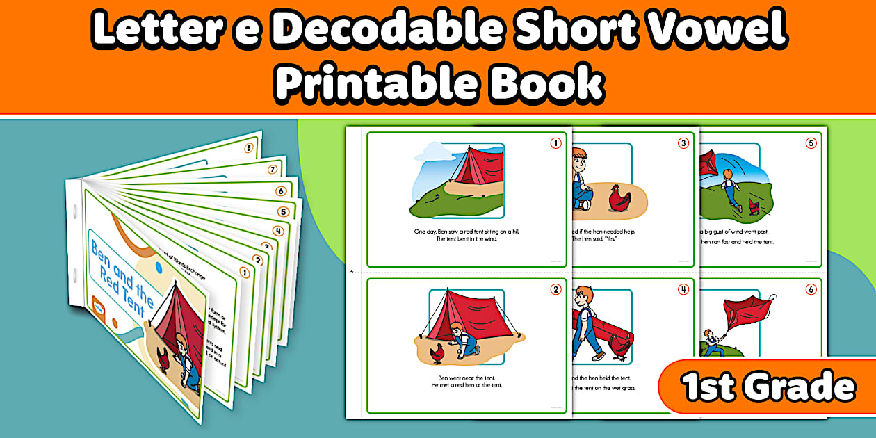 First Grade Letter e Decodable Short Vowel Printable Book