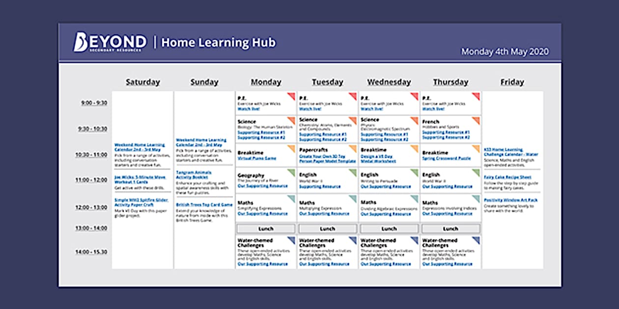 Editable Beyond Home Learning Timetable 4th to 8th May