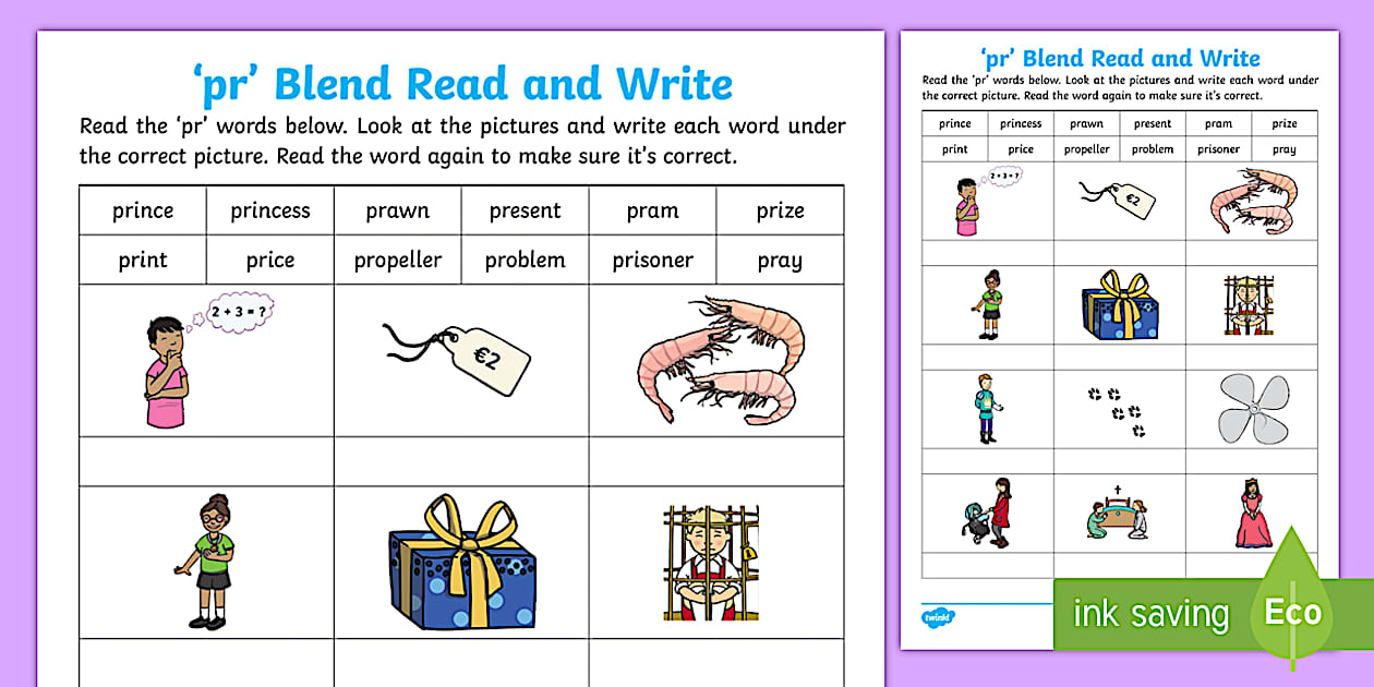 Black and White 'pr' Blend Read and Write Worksheet - Twinkl