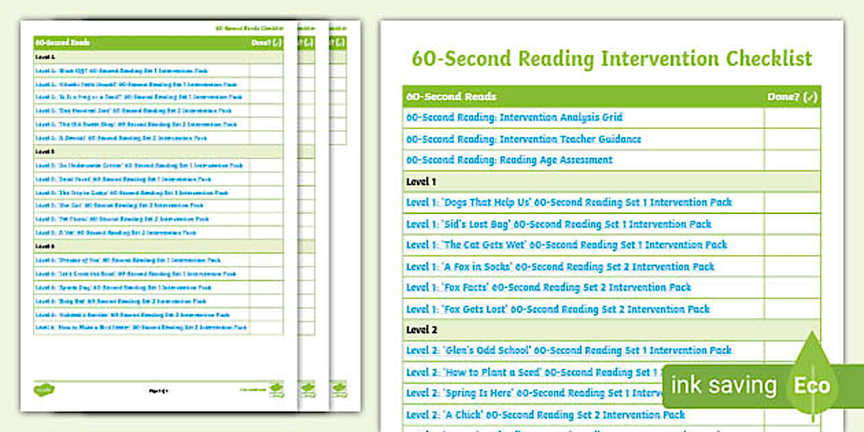 60-Second Reading Intervention Checklist (teacher made)