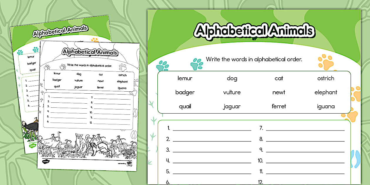 Animals Alphabet Ordering Worksheet