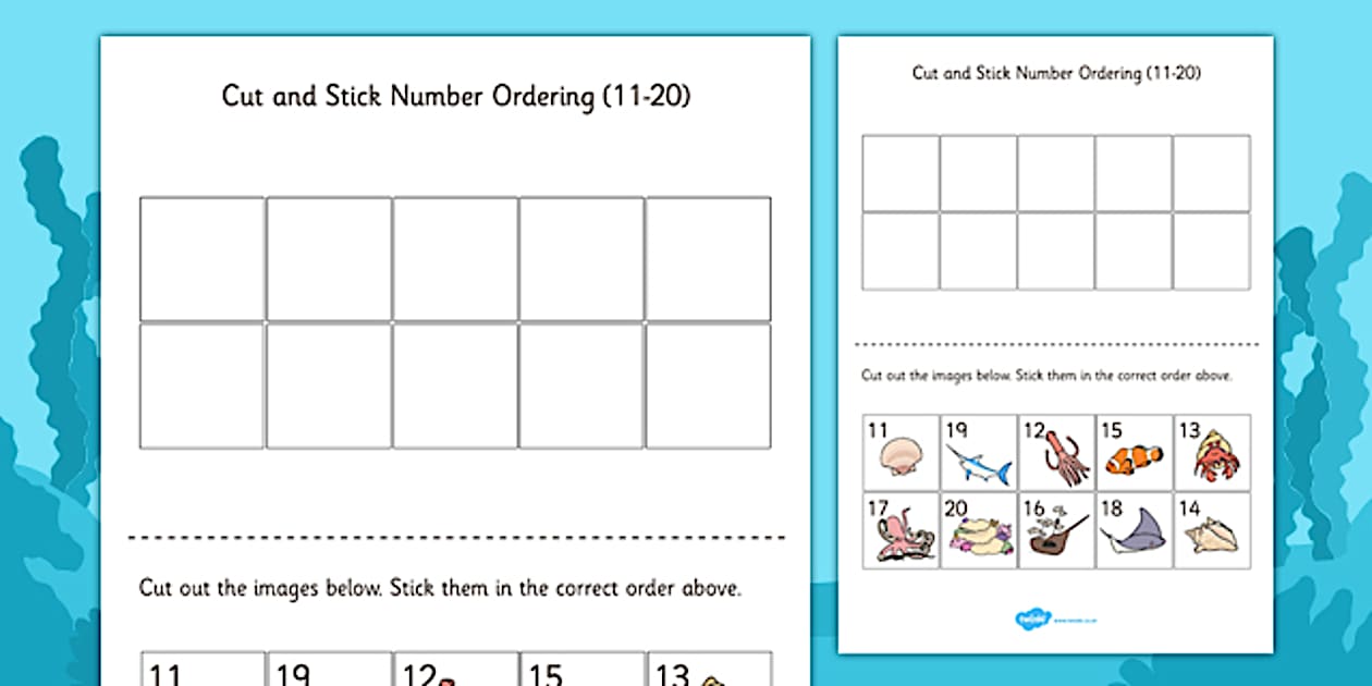 Black and White Under the Sea Themed Cut and Stick Number Ordering Sheets