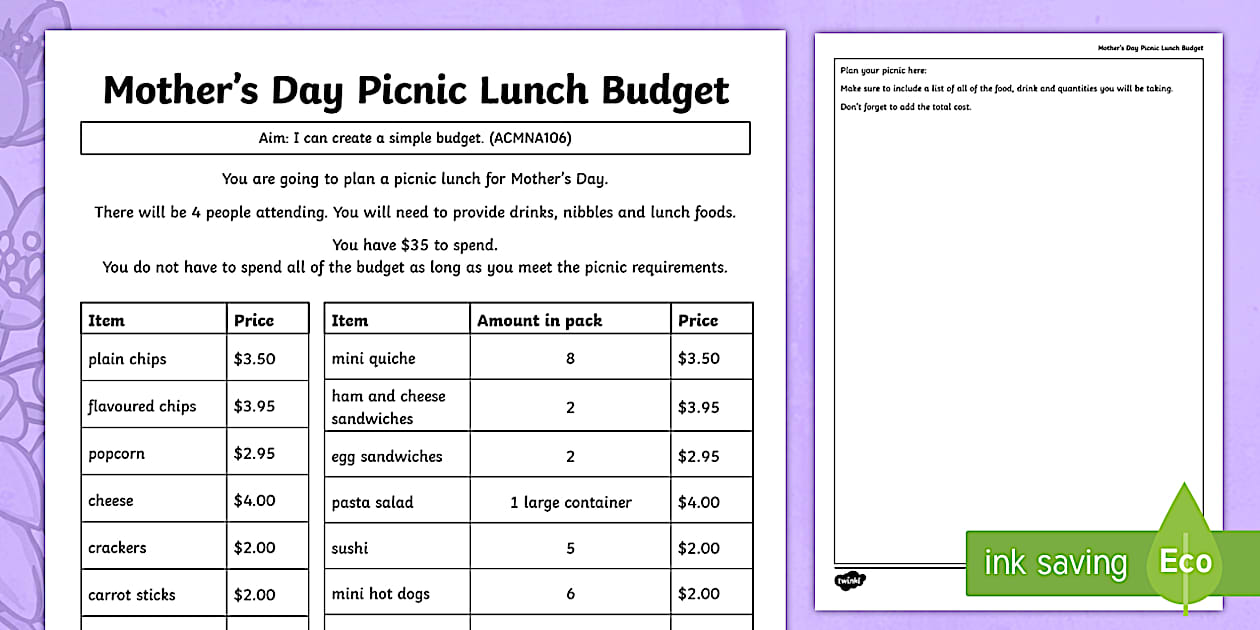 Mother's Day Picnic Lunch Budget Worksheet / Worksheet