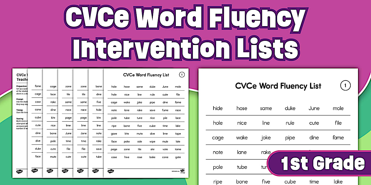 First Grade CVCe Word Fluency Intervention Lists