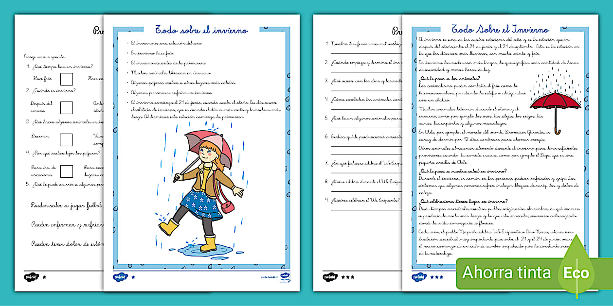 Comprensión de lectura Cuarto Básico: El invierno - Twinkl