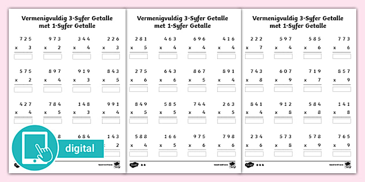 Vermenigvuldig 3-Syfer Getalle Met 1-Syfer Getal Digitale Aktiwiteit