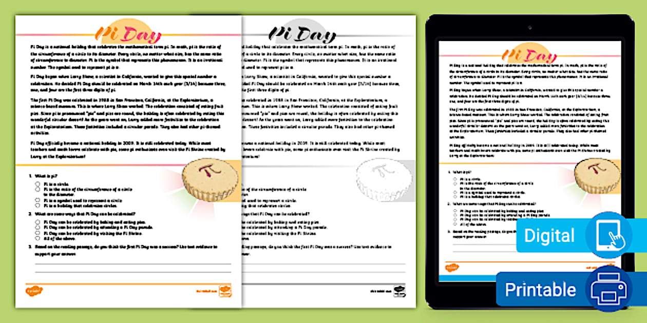 Eighth Grade Pi Day Reading Passage Comprehension Worksheet