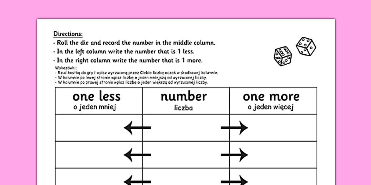 1 More 1 Less Dice Activity Worksheet Polish Translation