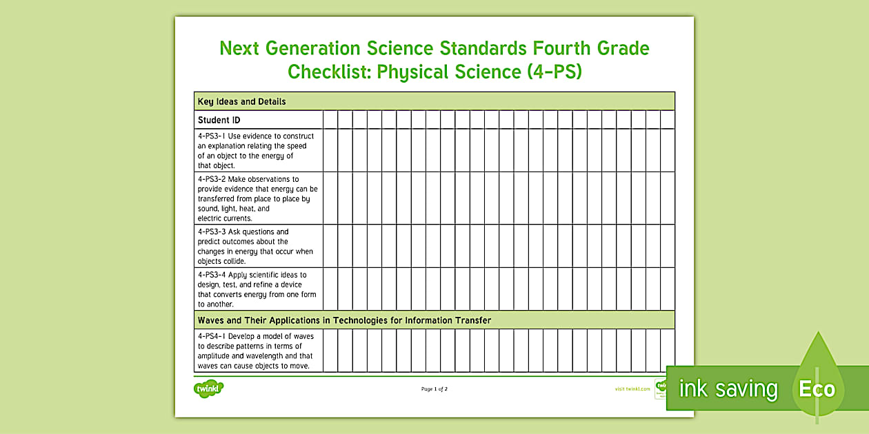 Next Generation Science Standards Fourth Grade Student Checklist