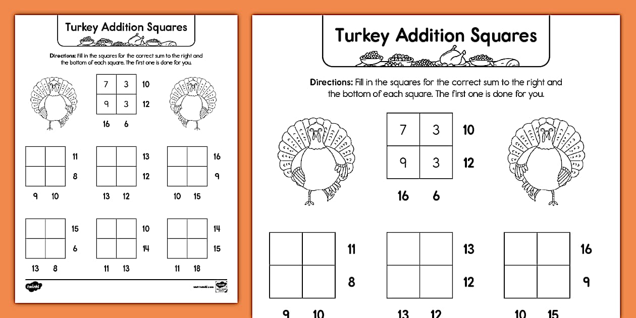 Second Grade Turkey Addition Squares (Teacher-Made) - Twinkl